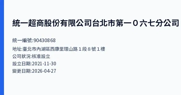 統一超商股份有限公司台北市第一0六七分公司的照片-統編 90430868(臺北市) 公司登記資料與營業項目詳細圖表