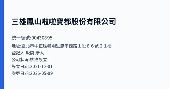 三雄鳳山啦啦寶都股份有限公司的照片-統編 90430895(臺北市) 公司登記資料與營業項目詳細圖表