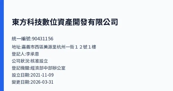 東方科技數位資產開發有限公司的照片-統編 90431156(嘉義市) 公司登記資料與營業項目詳細圖表