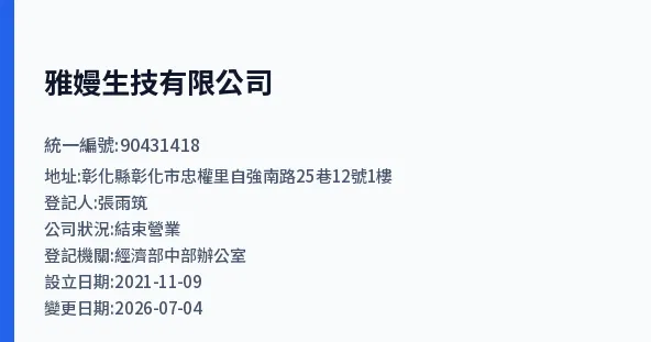 雅嫚生技有限公司的照片-統編 90431418(彰化縣) 公司登記資料與營業項目詳細圖表