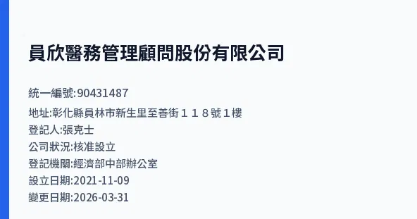 員欣醫務管理顧問股份有限公司的照片-統編 90431487(彰化縣) 公司登記資料與營業項目詳細圖表