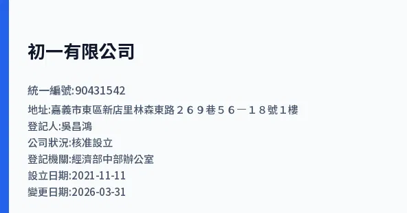 初一有限公司的照片-統編 90431542(嘉義市) 公司登記資料與營業項目詳細圖表