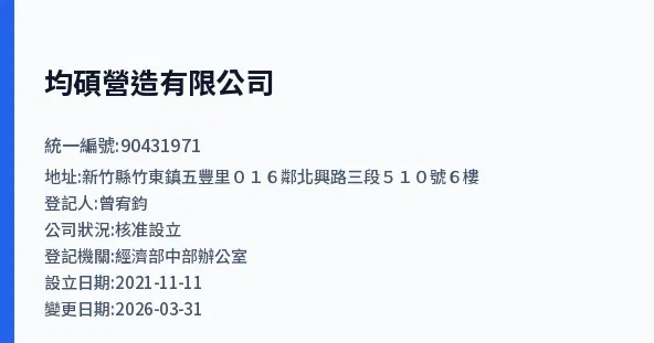 均碩營造有限公司的照片-統編 90431971(新竹縣) 公司登記資料與營業項目詳細圖表
