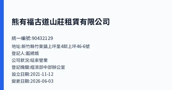 熊有福古道山莊租賃有限公司的照片-統編 90432129(新竹縣) 公司登記資料與營業項目詳細圖表
