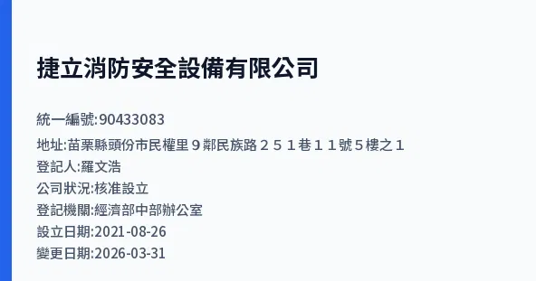 捷立消防安全設備有限公司的照片-統編 90433083(苗栗縣) 公司登記資料與營業項目詳細圖表