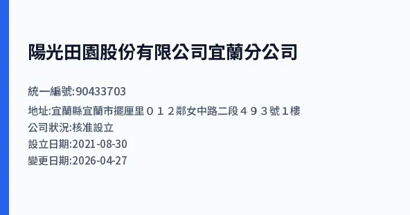 陽光田園股份有限公司宜蘭分公司的照片-統編 90433703(宜蘭縣) 公司登記資料與營業項目詳細圖表