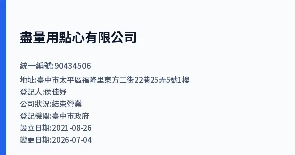 盡量用點心有限公司的照片-統編 90434506(臺中市) 公司登記資料與營業項目詳細圖表