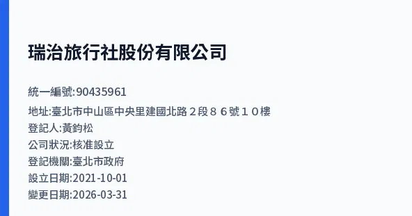 瑞治旅行社股份有限公司的照片-統編 90435961(臺北市) 公司登記資料與營業項目詳細圖表