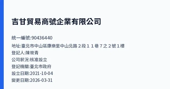 吉甘貿易商號企業有限公司的照片-統編 90436440(臺北市) 公司登記資料與營業項目詳細圖表