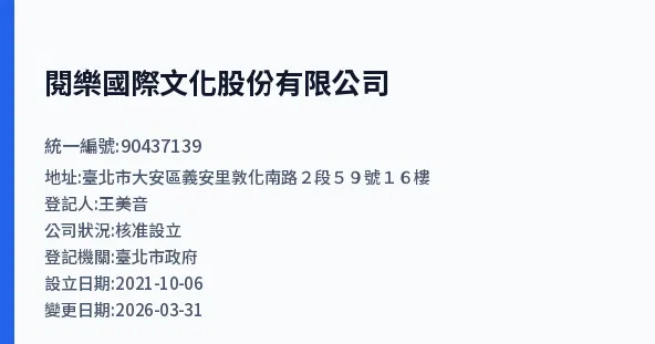 閱樂國際文化股份有限公司的照片-統編 90437139(臺北市) 公司登記資料與營業項目詳細圖表