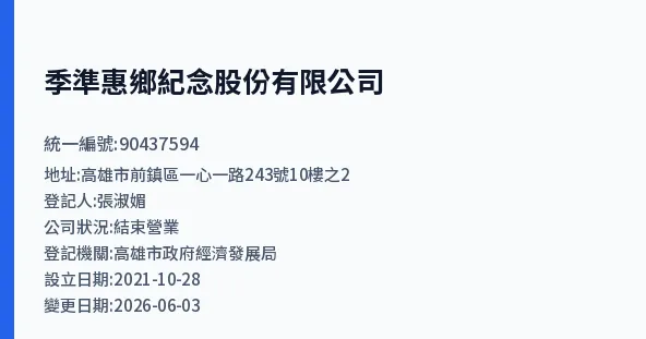 季準惠鄉紀念股份有限公司的照片-統編 90437594(高雄市) 公司登記資料與營業項目詳細圖表