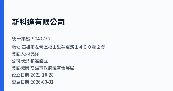 斯科達有限公司的照片-統編 90437721(高雄市) 公司登記資料與營業項目詳細圖表