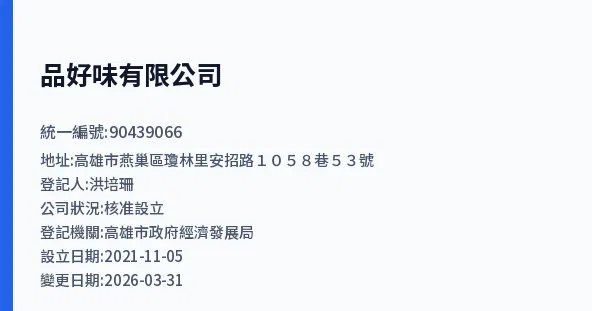 品好味有限公司的照片-統編 90439066(高雄市) 公司登記資料與營業項目詳細圖表