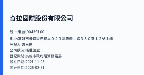 奇拉國際股份有限公司的照片-統編 90439100(高雄市) 公司登記資料與營業項目詳細圖表