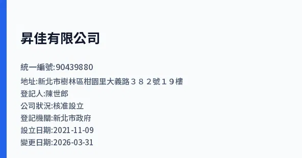 昇佳有限公司的照片-統編 90439880(新北市) 公司登記資料與營業項目詳細圖表