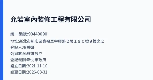 允若室內裝修工程有限公司的照片-統編 90440090(新北市) 公司登記資料與營業項目詳細圖表
