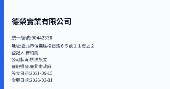 德榮實業有限公司的照片-統編 90442338(臺北市) 公司登記資料與營業項目詳細圖表