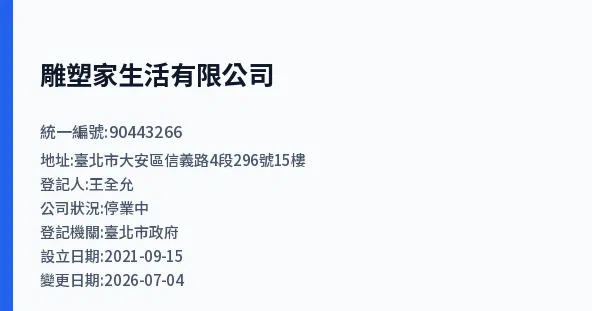 雕塑家生活有限公司的照片-統編 90443266(臺北市) 公司登記資料與營業項目詳細圖表
