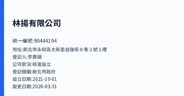 林揚有限公司的照片-統編 90444194(新北市) 公司登記資料與營業項目詳細圖表