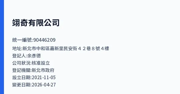 翊奇有限公司的照片-統編 90446209(新北市) 公司登記資料與營業項目詳細圖表
