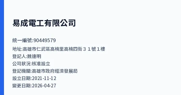 易成電工有限公司的照片-統編 90449579(高雄市) 公司登記資料與營業項目詳細圖表