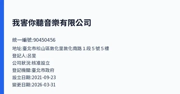 我害你聽音樂有限公司的照片-統編 90450456(臺北市) 公司登記資料與營業項目詳細圖表