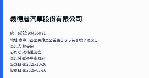 義德麗汽車股份有限公司的照片-統編 90455071(臺中市) 公司登記資料與營業項目詳細圖表