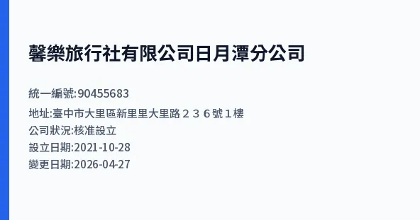 馨樂旅行社有限公司日月潭分公司的照片-統編 90455683(臺中市) 公司登記資料與營業項目詳細圖表