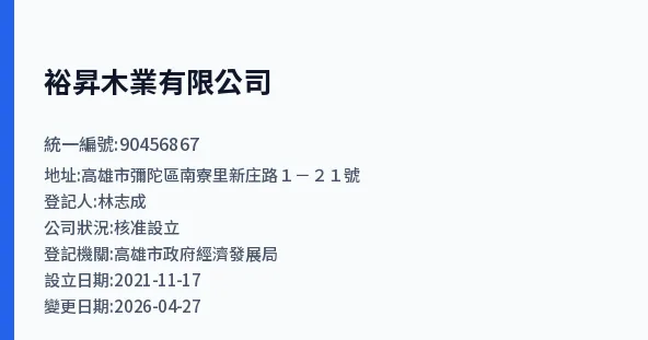裕昇木業有限公司的照片-統編 90456867(高雄市) 公司登記資料與營業項目詳細圖表