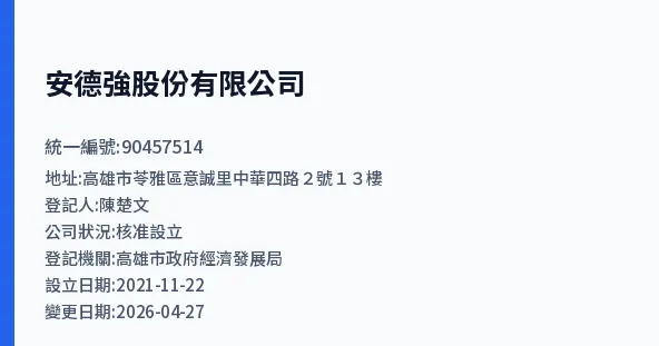 安德強股份有限公司的照片-統編 90457514(高雄市) 公司登記資料與營業項目詳細圖表