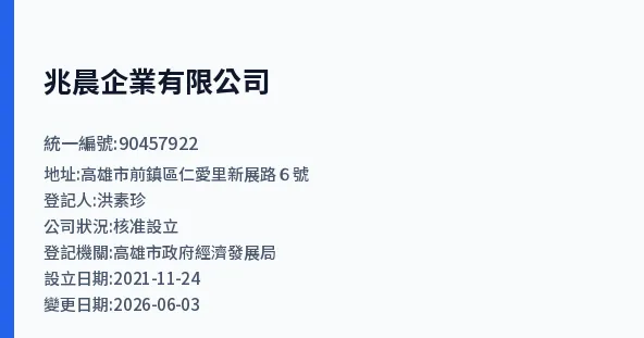 兆晨企業有限公司的照片-統編 90457922(高雄市) 公司登記資料與營業項目詳細圖表