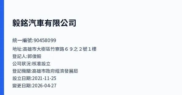 毅銘汽車有限公司的照片-統編 90458099(高雄市) 公司登記資料與營業項目詳細圖表