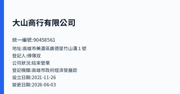 大山商行有限公司的照片-統編 90458561(高雄市) 公司登記資料與營業項目詳細圖表