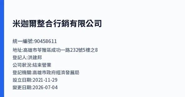 米迦爾整合行銷有限公司的照片-統編 90458611(高雄市) 公司登記資料與營業項目詳細圖表