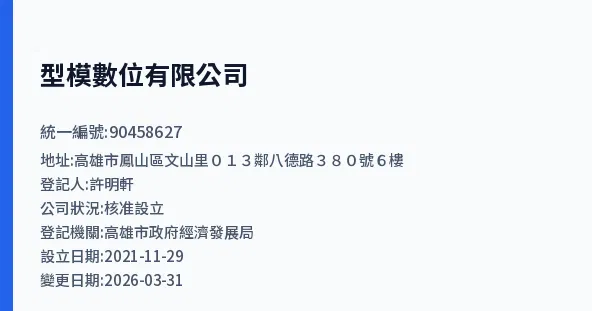 型模數位有限公司的照片-統編 90458627(高雄市) 公司登記資料與營業項目詳細圖表