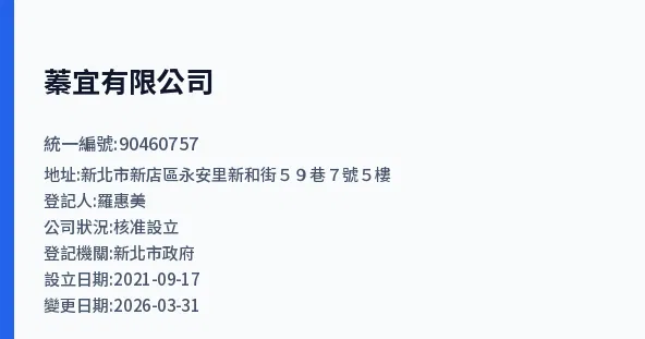 蓁宜有限公司的照片-統編 90460757(新北市) 公司登記資料與營業項目詳細圖表
