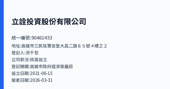 立詮投資股份有限公司的照片-統編 90461453(高雄市) 公司登記資料與營業項目詳細圖表