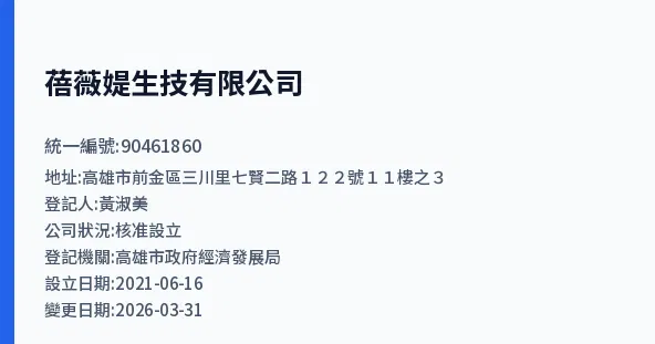 蓓薇媞生技有限公司的照片-統編 90461860(高雄市) 公司登記資料與營業項目詳細圖表