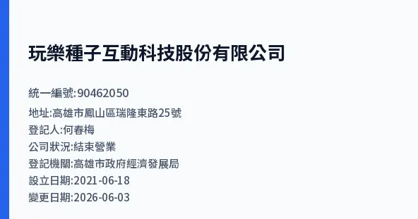 玩樂種子互動科技股份有限公司的照片-統編 90462050(高雄市) 公司登記資料與營業項目詳細圖表
