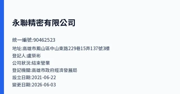 永聯精密有限公司的照片-統編 90462523(高雄市) 公司登記資料與營業項目詳細圖表