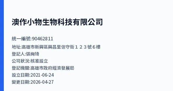 澳作小物生物科技有限公司的照片-統編 90462811(高雄市) 公司登記資料與營業項目詳細圖表