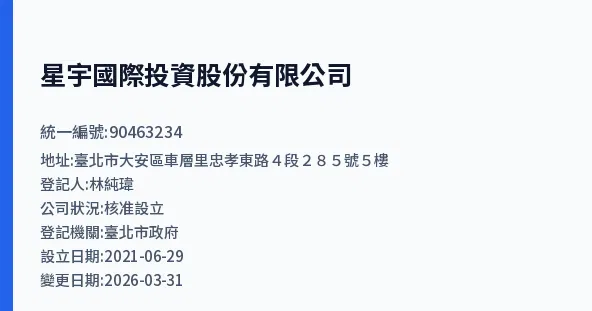 星宇國際投資股份有限公司的照片-統編 90463234(臺北市) 公司登記資料與營業項目詳細圖表