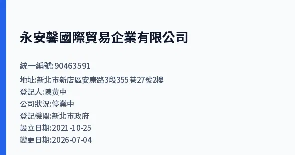 永安馨國際貿易企業有限公司的照片-統編 90463591(新北市) 公司登記資料與營業項目詳細圖表