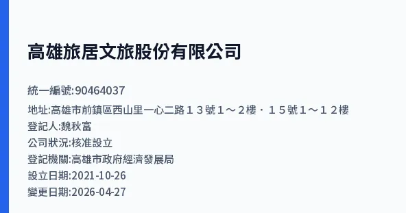 高雄旅居文旅股份有限公司的照片-統編 90464037(高雄市) 公司登記資料與營業項目詳細圖表