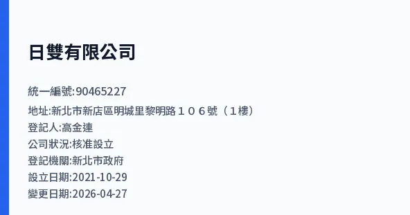 日雙有限公司的照片-統編 90465227(新北市) 公司登記資料與營業項目詳細圖表