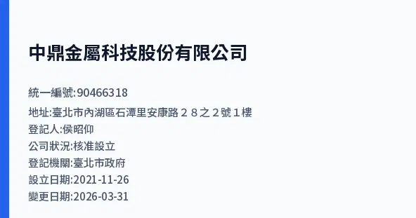 中鼎金屬科技股份有限公司的照片-統編 90466318(臺北市) 公司登記資料與營業項目詳細圖表