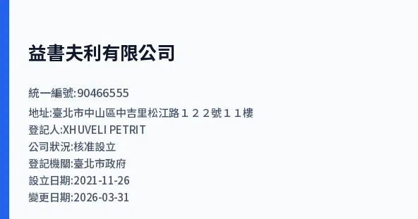 益書夫利有限公司的照片-統編 90466555(臺北市) 公司登記資料與營業項目詳細圖表