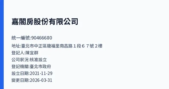 嘉閣房股份有限公司的照片-統編 90466680(臺北市) 公司登記資料與營業項目詳細圖表