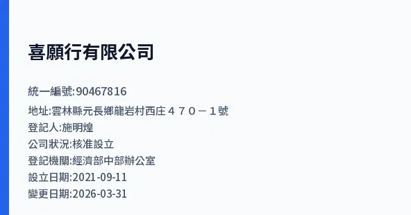 喜願行有限公司的照片-統編 90467816(雲林縣) 公司登記資料與營業項目詳細圖表