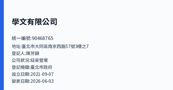 學文有限公司的照片-統編 90468765(臺北市) 公司登記資料與營業項目詳細圖表